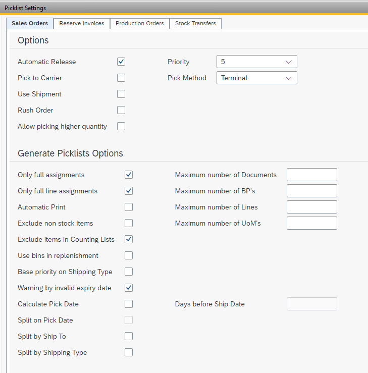 General Settings for Pick Lists